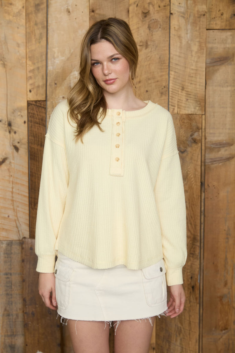 Rowan Ribbed Henley Long Sleeve Top, Butter Yellow – North & Main ...