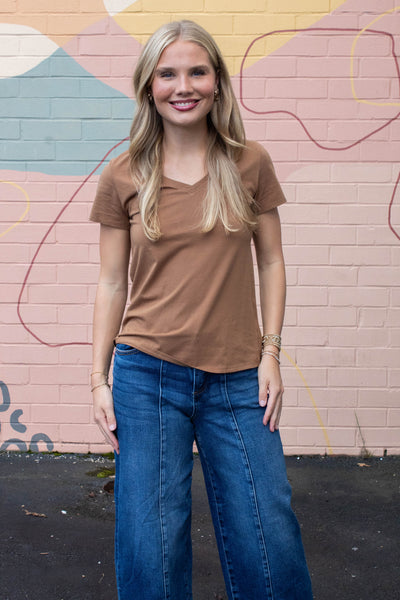 Tatum Cotton Jersey V-Neck Tee, Bronze Brown – North & Main Clothing ...