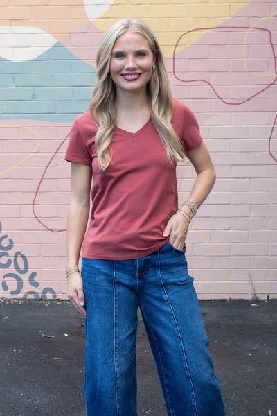 Tatum Cotton Jersey V-Neck Tee, Chili Oil – North & Main Clothing Company
